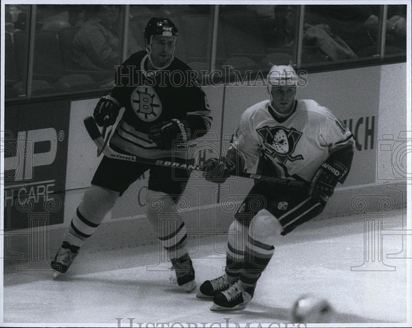 Press Photo Elexei Kastonov of Boston Bruins and Peter Douris of Ducks ...