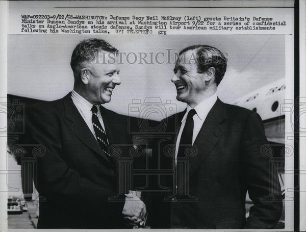 1958 Press Photo Defense Sec Neil McElroy Greets British Minister Dunc ...