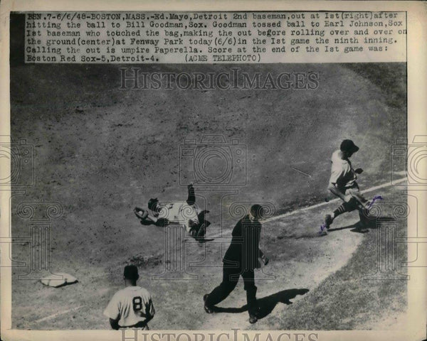 Detroit's Ed Mayo Out at First by Red Sox's Earl Johnson 1948 Vintage ...