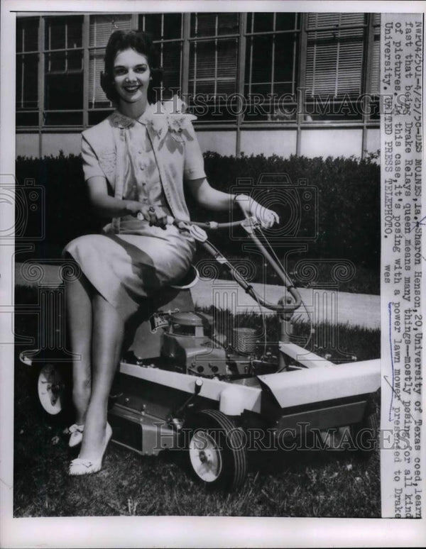 Sharon Henson, Drake University Relays Queen, on lawn mower 1958 ...