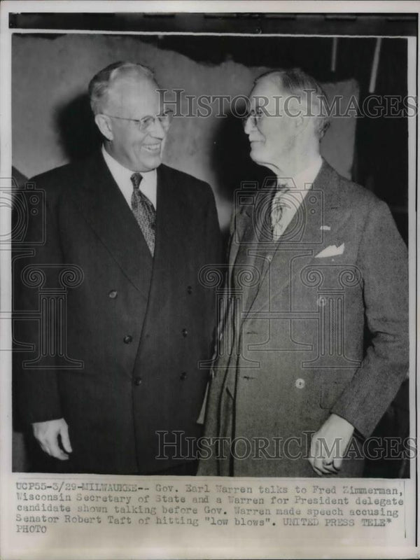 Gov. Earl Warren and Fred Zimmerman 1952 Vintage Press Photo Print ...