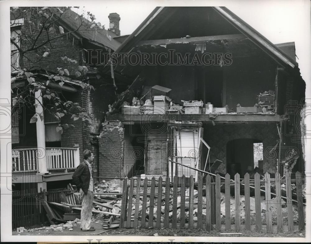Neighbor Nick Kuesis Looks at Debris When House Collapsed 1949 Vintage ...