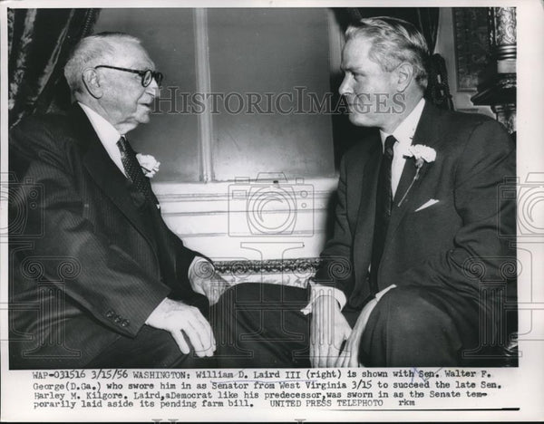 1956 Press Photo William Laird, newly sworn in Senator, with Walter Ge ...