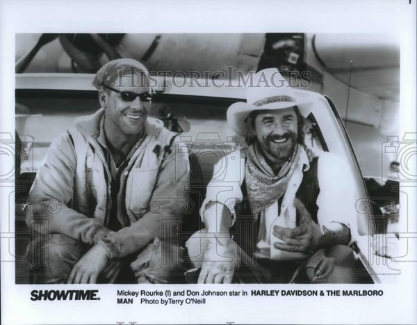 1992 Press Photo Mickey Rourke Don JOhnson in Harley Davidson & The Ma ...