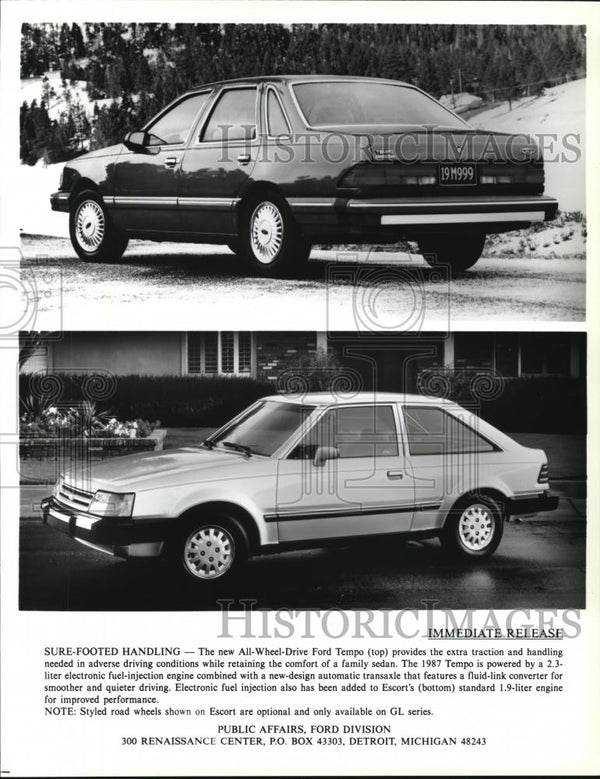 1987 Press Photo The all new All Wheel Drive Ford Tempo and Ford Escor ...