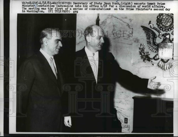 1961 Press Photo Secretary of State Dean Rusk & Greek Prime Minister C ...