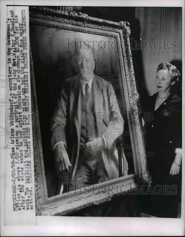 1956 Press Photo Miss Arlene Weidenkopf views Portrait of Gov. Walter ...