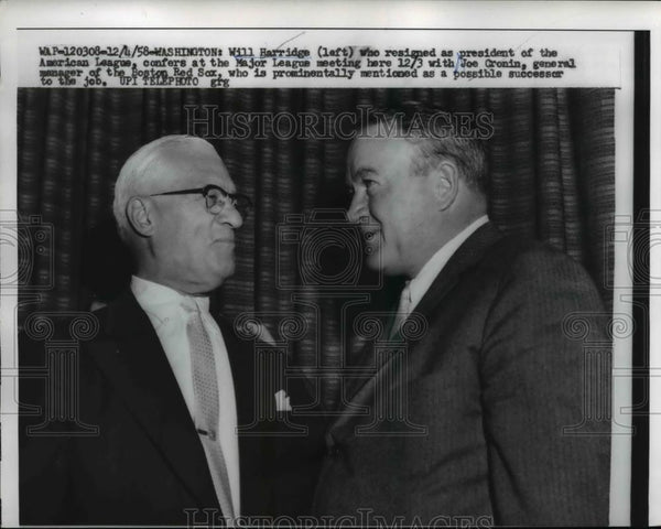 1958 Press Photo American League President Will Harridge, Joe Cronin o ...