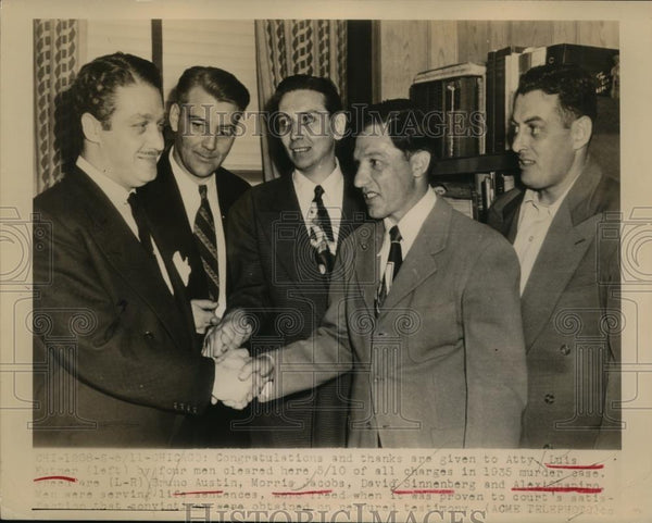 1948 Press Photo 4 Men Shake Hands with Attorney Kutner Who Cleared Th ...