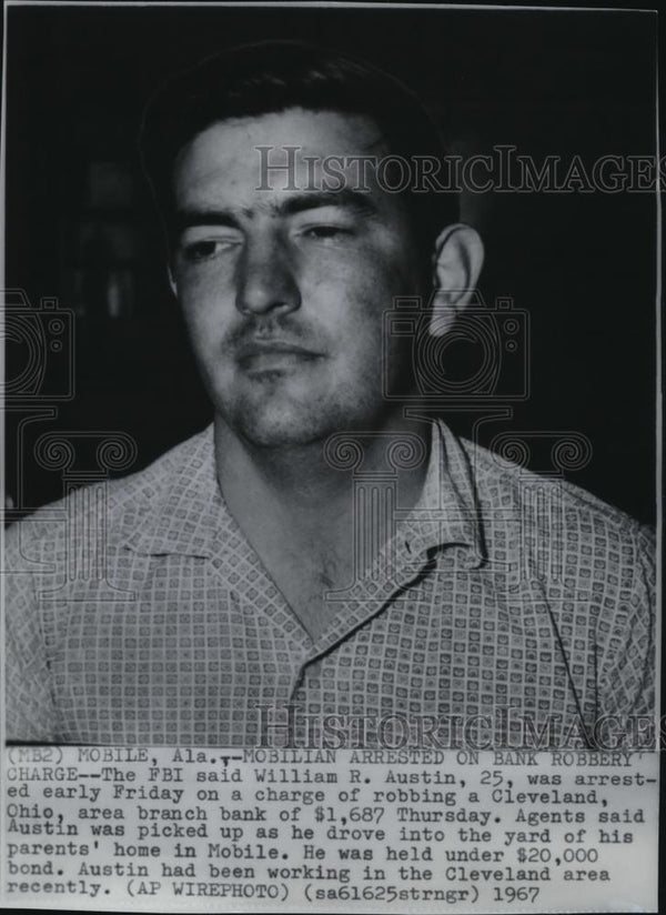 1967 Press Photo William R. Agustin, was arrested for bank robbery ...