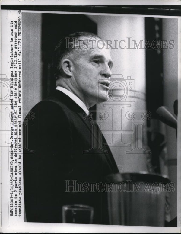 1963 Press Photo Michigan Governor George Romney delivering the State ...