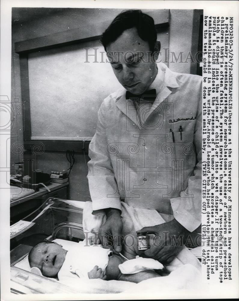 1972 Press Photo Dr. Arnold Leonard Testing Infant for Neuroblastoma ...