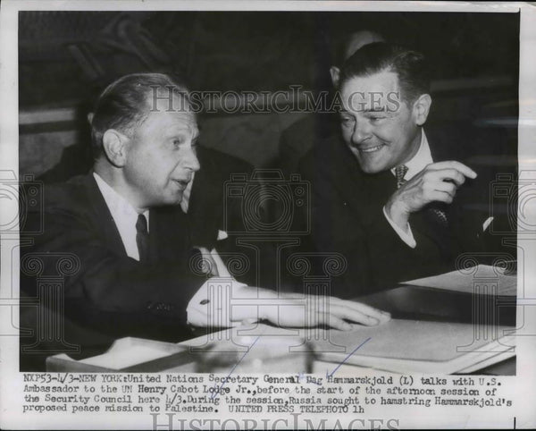 1956 Press Photo UN Amb Henry Cabot Lodge & Secretary General Dag Hamm ...