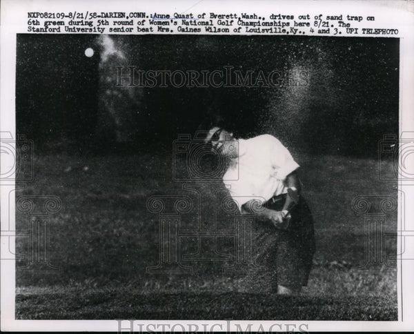 Anne Quast hits out of sand at Women's Nat'l Golf Championships 1958 ...