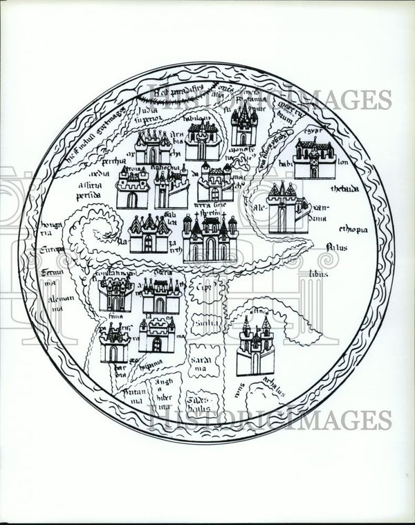 1991 Press Photo Medieval map, The World In 1300 on "The Shape of the ...