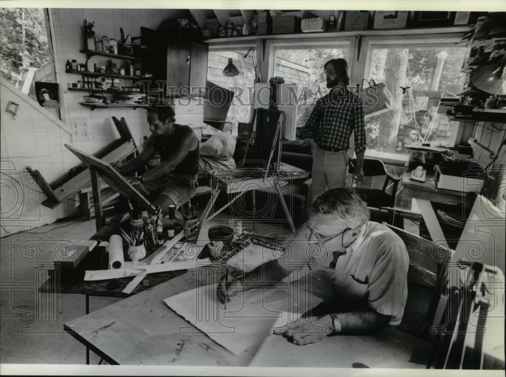 1986 Press Photo Artist Greg Torline, Chris Burgeon and Pat Flammin ...