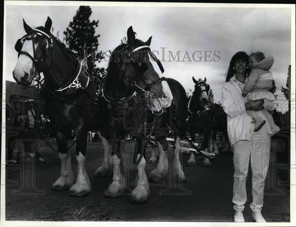 1987 Press Photo Michelle and Rachelle Roe near the Budweiser Clydesda ...