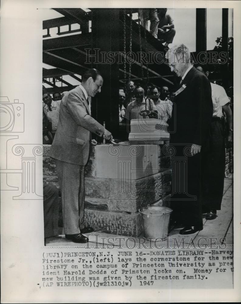 1947 Press Photo Harvey Firestone Jr., lays the cornerstone for the ne ...