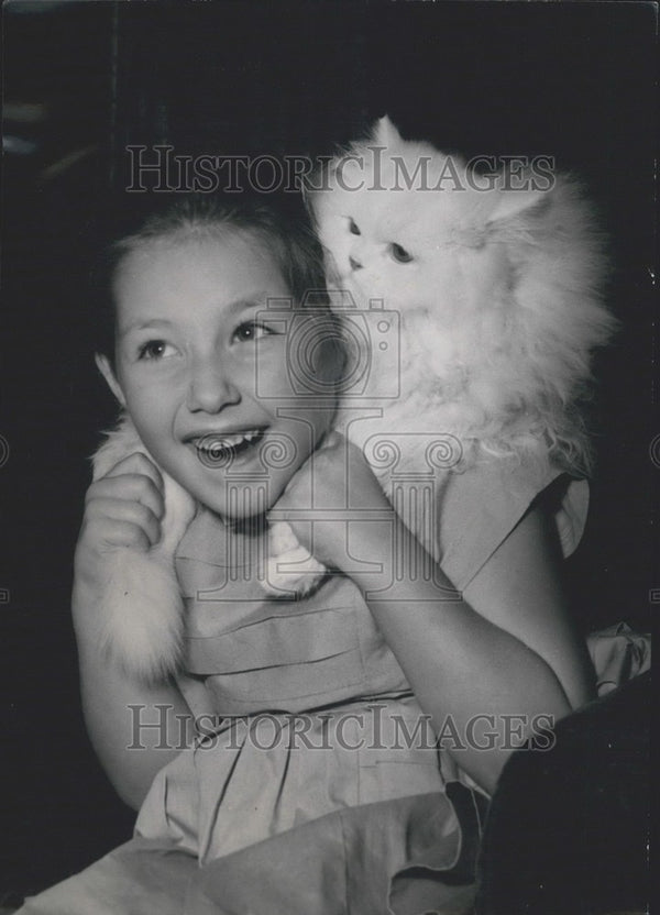 1954 Annik Plays With White Persian with Orange Eyes - Historic Images