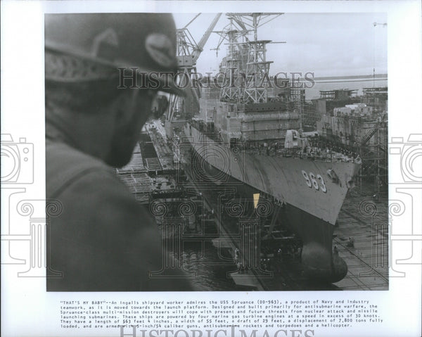 1974 Worker Admires Navy Launch Plat Form - Historic Images