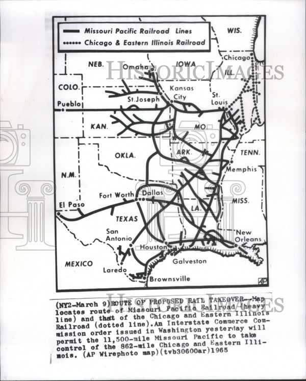 1965 Missouri Pacific Railroad Map Chicago - Historic Images