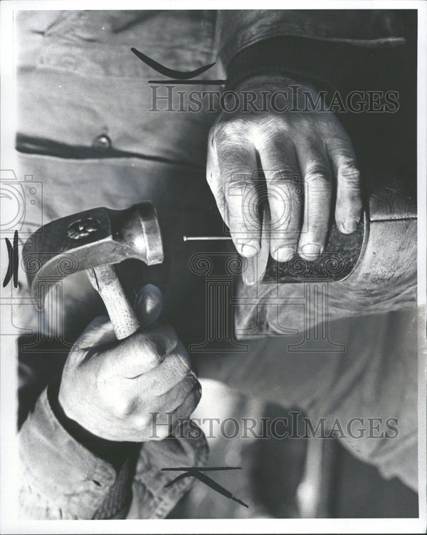 1975 Shoe Repair Demonstration Hammer Nails - Historic Images