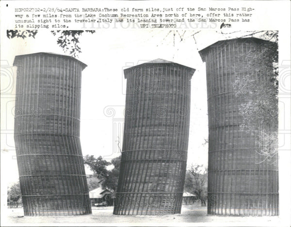 1964 Press Photo Leaning Farm Silos San Marcos Pass - Historic Images