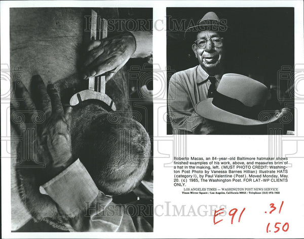 1985 Press Photo Hats Paul Valentine Baltimore Hatmaker - Historic Images