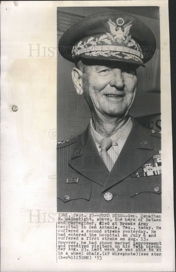 1953 Press Photo Gen Jonathan Wainwright Corregidor Bataan Brooke Army ...