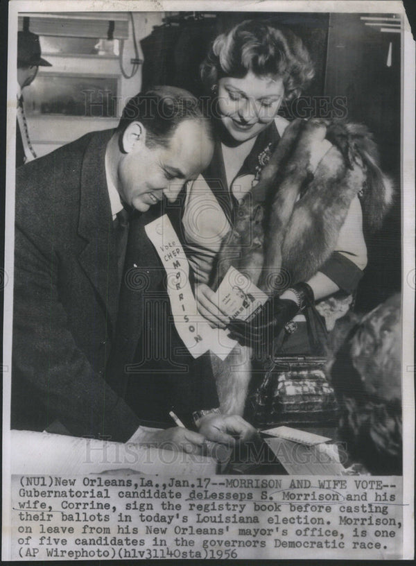 1956 Candidate DeLesseps Morrison & Wife Corrine Voting - Historic Images