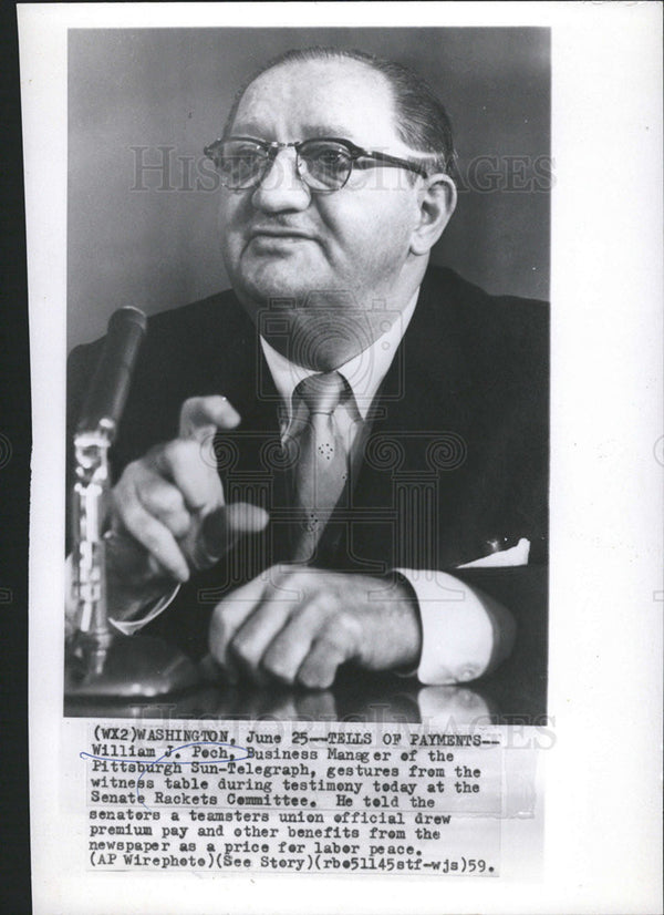 1959 Press Photo William J Pech testifying at Senate Rackets Committee ...