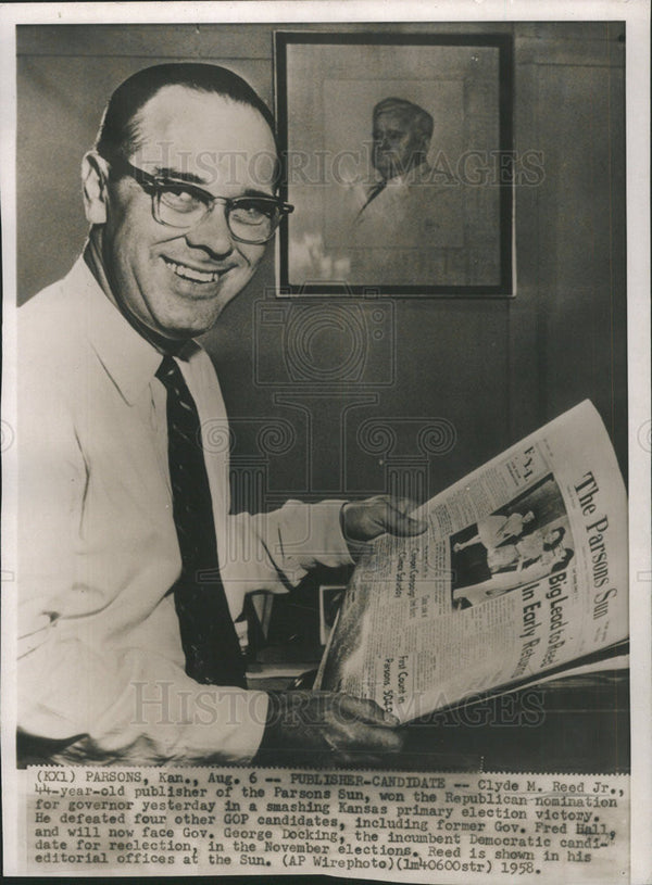 1958 Press Photo Clyde Reed Jr. publisher Parsons Sun Republican nomin ...
