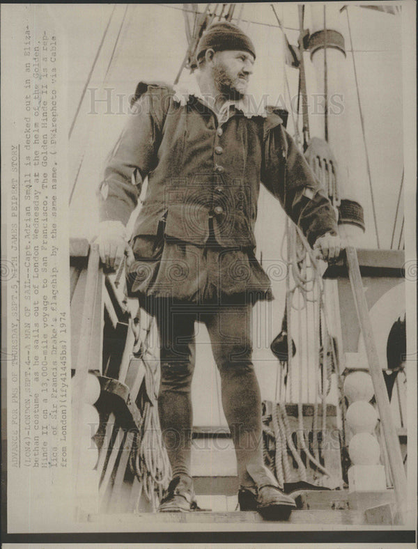 1974 Press Photo Captain Adrian Small sails on The Golden Hinde II ...