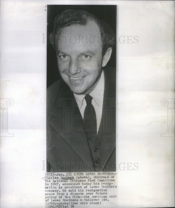 1950 Press Photo Quits lever brothers Charles Luckman - Historic Images