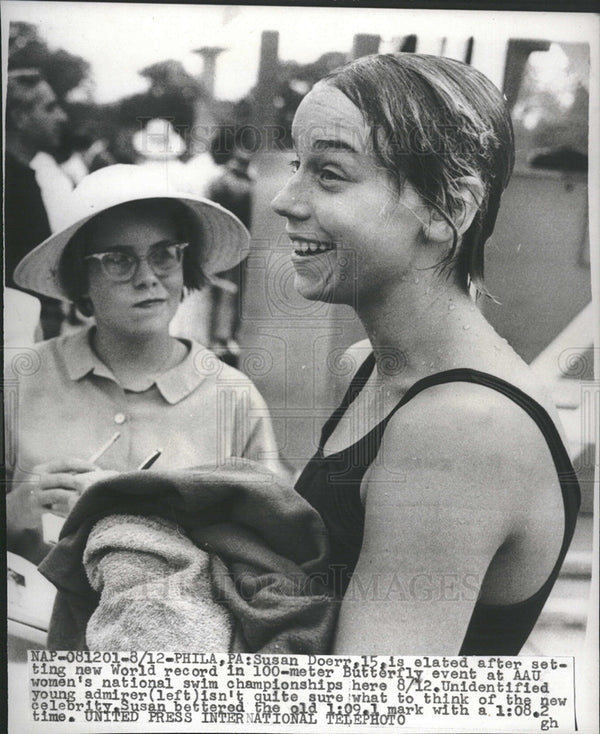 1961 Press Photo Susan Doerr, 15, set new world record in 100-meter bu ...