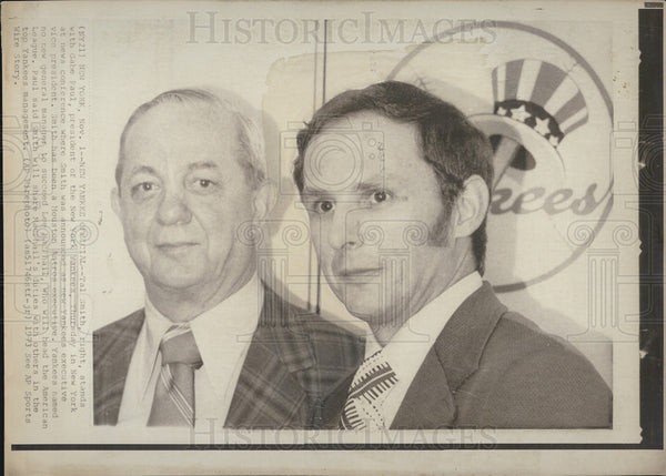 1973 Press Photo Tal Smith with Gabe Paul, President of New York Yanke ...