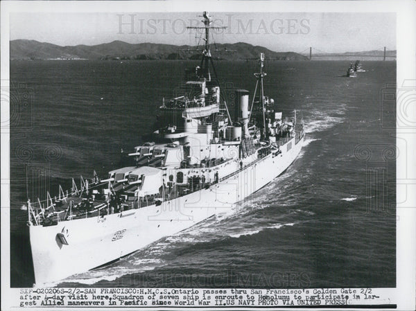 H.M.C.S. Ontario ship passes thru San Francisco's Golden Gate 1959 ...