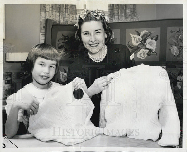 Monica and Mrs Robert C Postell hold 2nd Prize winning sweaters 1957 ...
