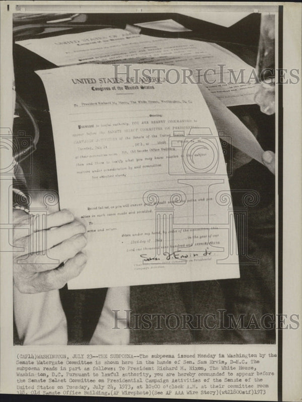 1973 Sen. Sam Ervin Senate Watergate Committee Nixon Subpoena ...