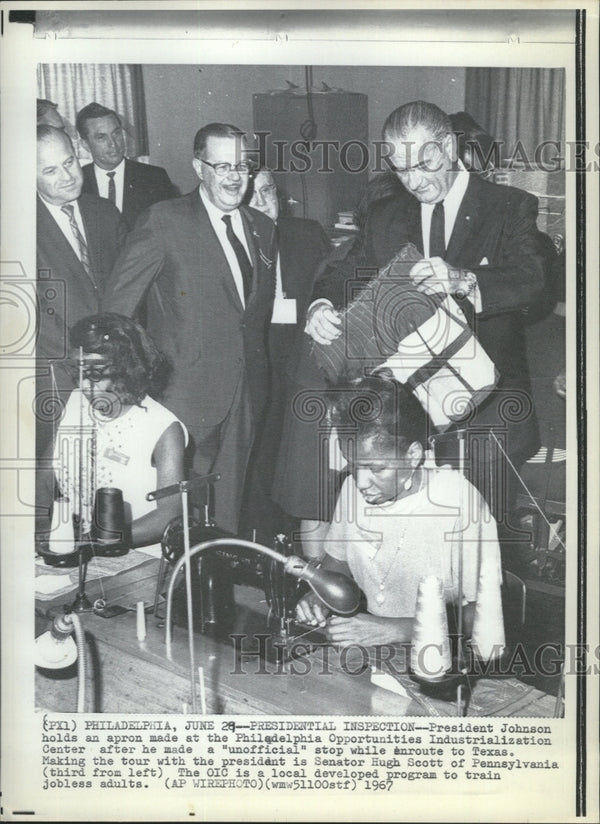 1967 President Johnson Holds an Apron Made at the Philidelphia ...
