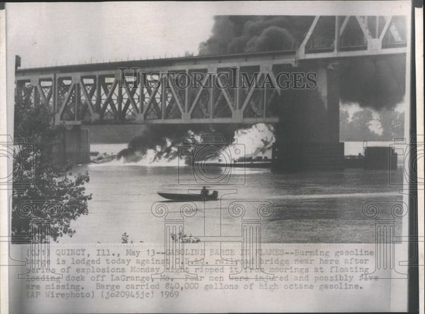 1969 Press Photo Burning gasoline from the barge which caused of explo ...