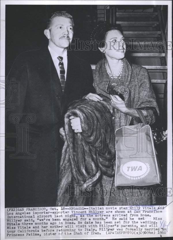 1960 Press Photo Italian actress Milly Vitale and her fiance Vincent H ...
