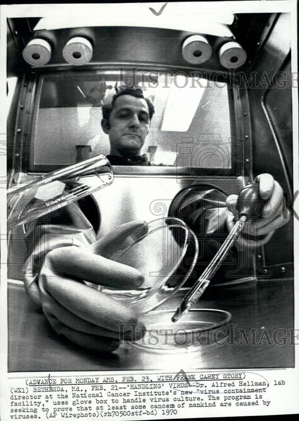 1970 Dr. Alfred Hellman, Handling virus culture. - Historic Images