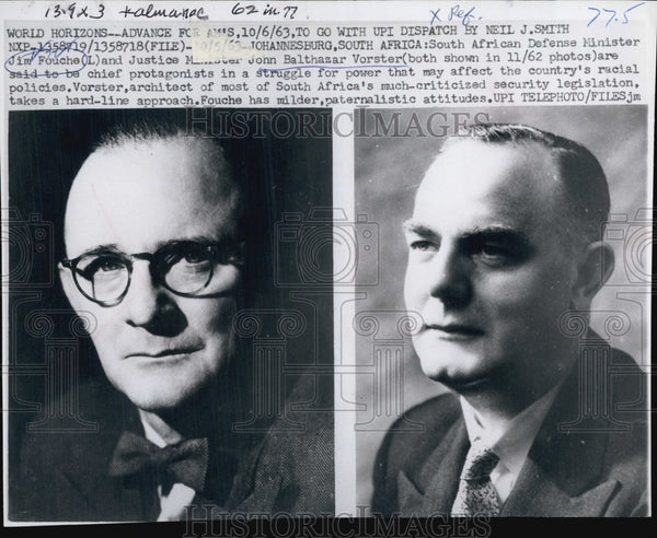 1963 Press Photo Jim Fouche(L) & John B. Vorster - Historic Images