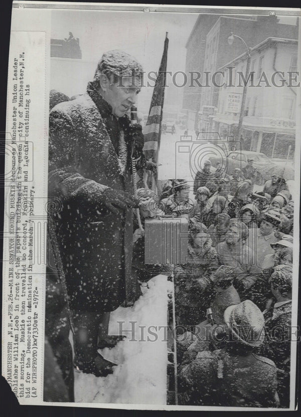 Senator Edmund Muskie in front of Publisher William Loeb buildi 1972 ...