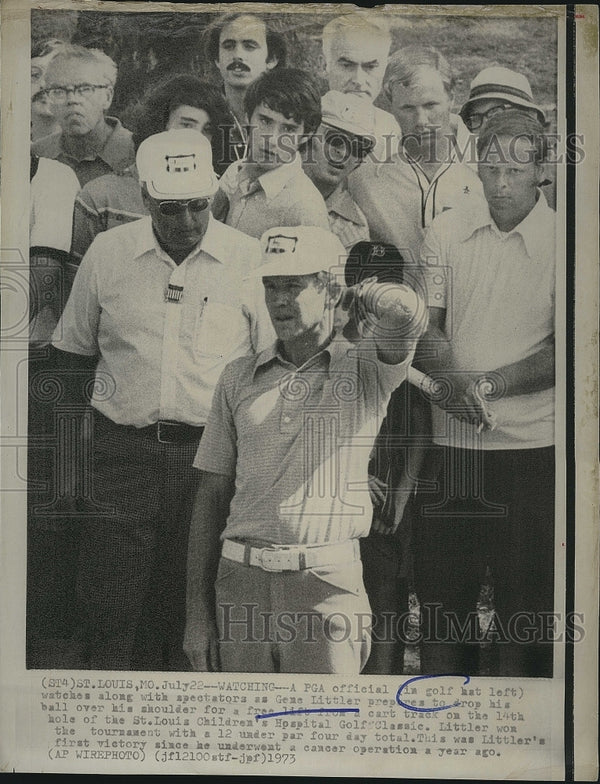 1973 Press Photo Gene Littler prepares to drop ball at St. Louis Golf ...