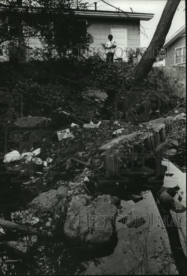 1978, Mrs. Ella Murdock views the ditch behind house in Titusville ...