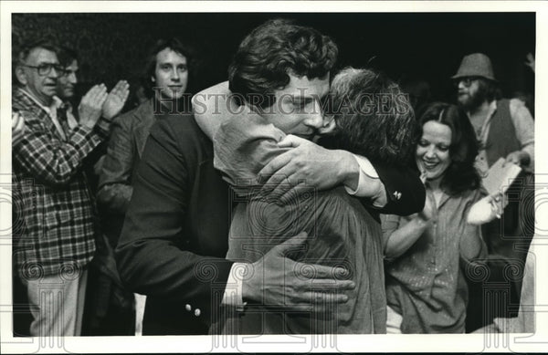 1980 Press Photo Timothy F. Hagan Hugging Unidentified Person ...