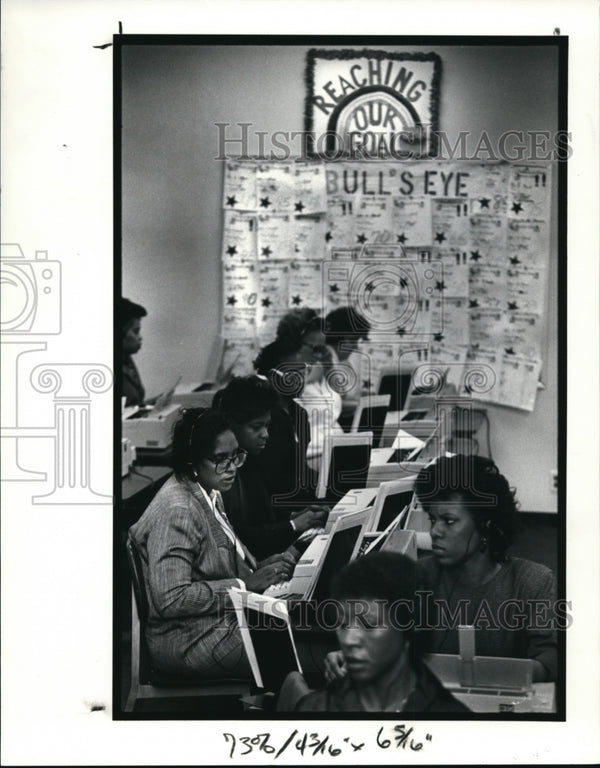 1990, Women practice their typing skills during a class at Cleveland ...