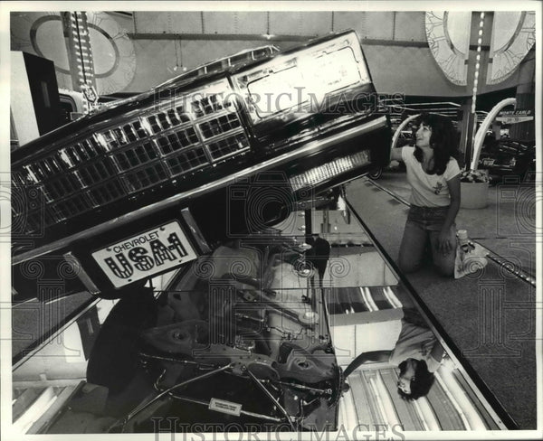1981 Press Photo Cathy McCarthy puts finishing touches on display on a ...